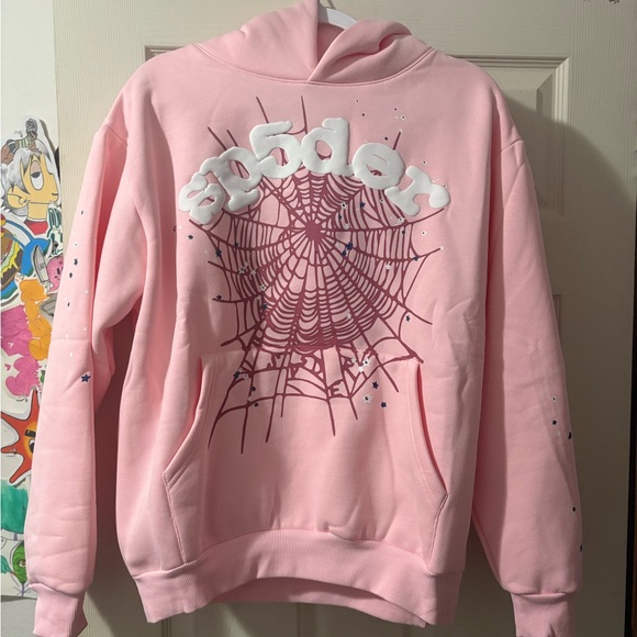 Sp5der | Jackets & Coats | Pink Hoodie With Spider Web Graphic | Poshmark